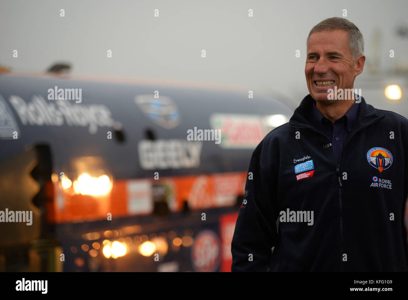 Driver Andy Green with Bloodhound SSC supersonic car at the test run ...
