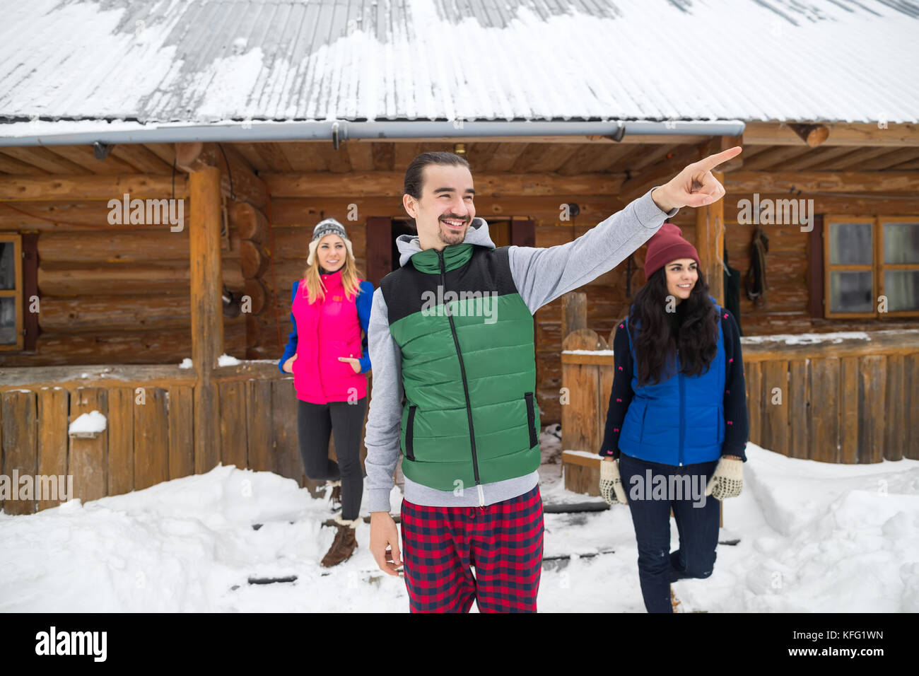 Man Point Finger People Group Near Wooden Country House Winter Snow ...