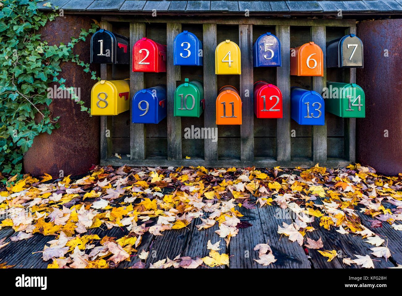 Multi-coloured mail boxes, Granville Island, Vancouver, British ...