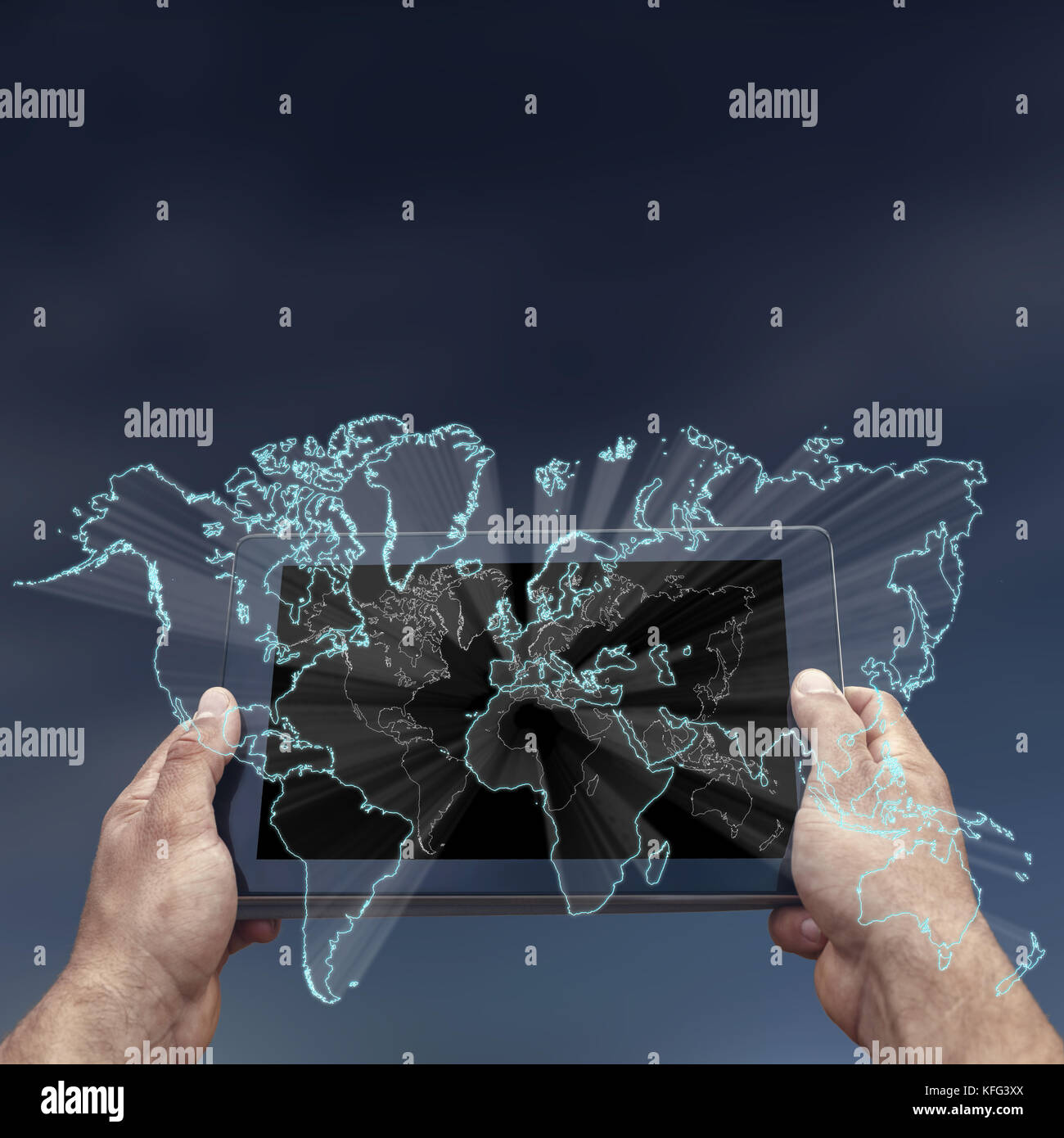 Businessman hands holding tablet with world map on screen Stock Photo ...