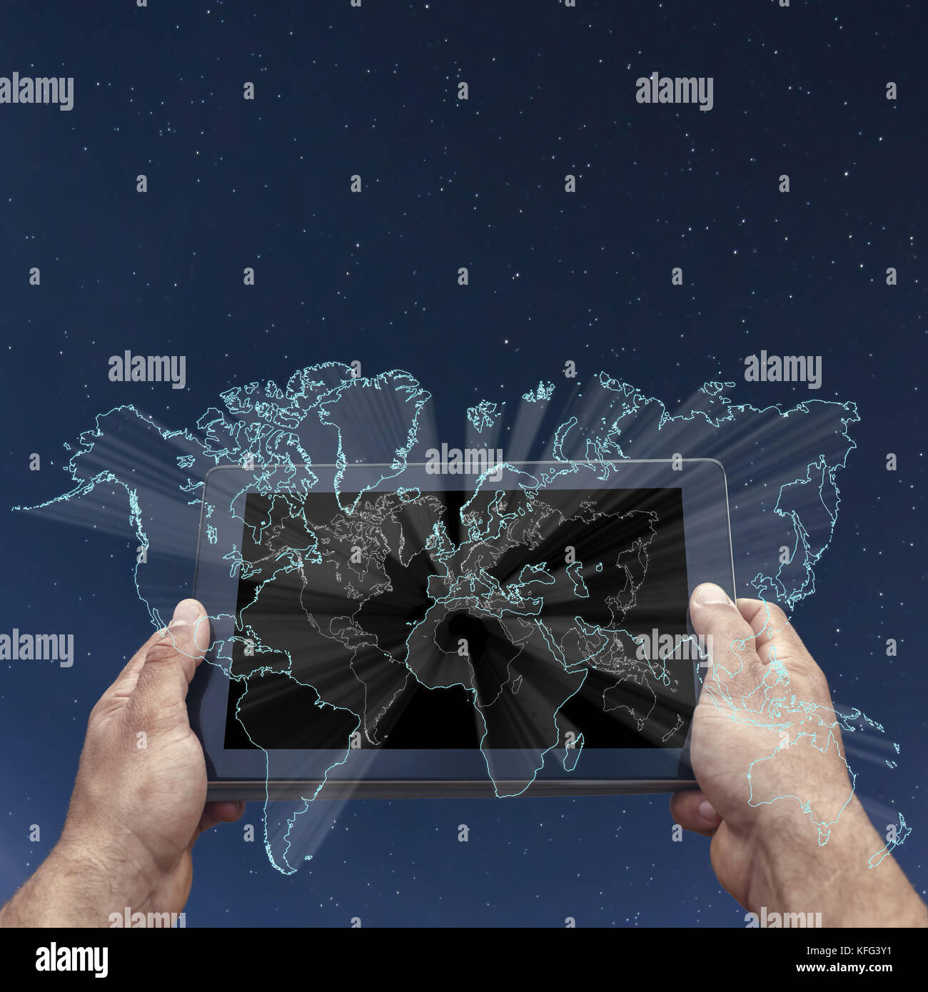 Businessman hands holding tablet with world map on screen Stock Photo ...