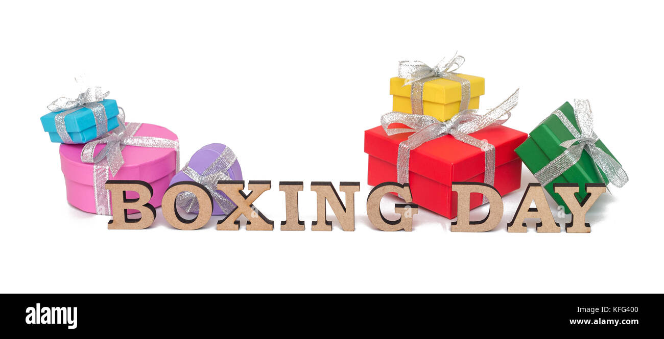 The colored boxes with words BOXING DAY, isolated on white Stock Photo ...
