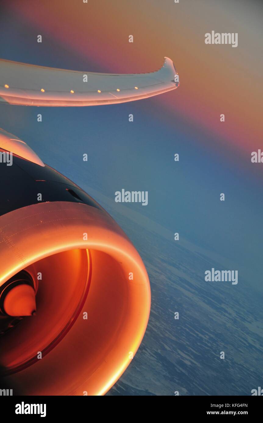 Airplane jet engine abstract with beautiful sky colors in the ...