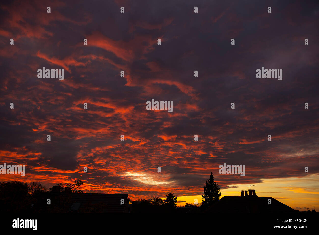 Dramatic red evening sunset cloudy sky above silhouette of rooftops and ...