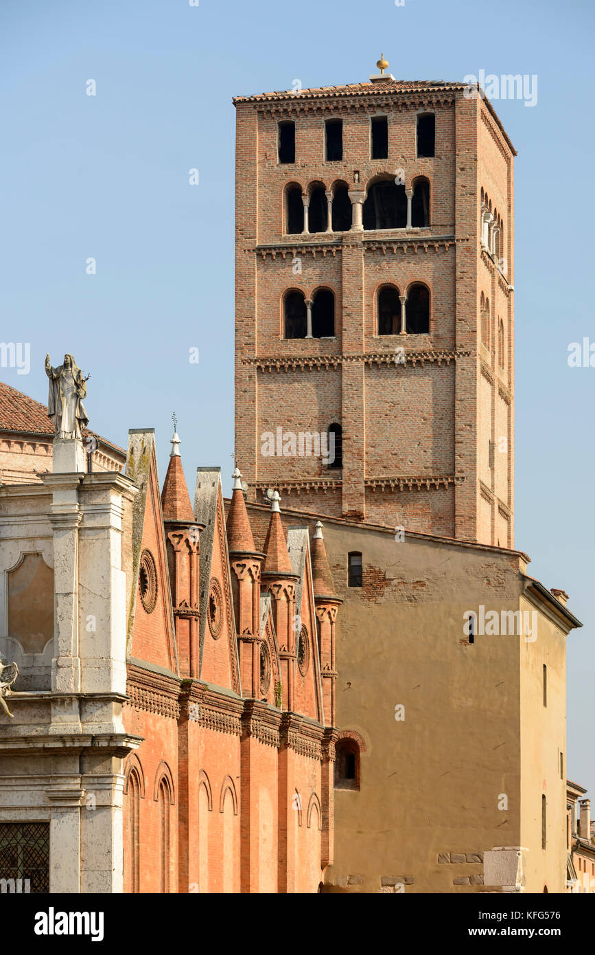 view of Romanesque bell tower of cathedral church of san Pietro, shot ...
