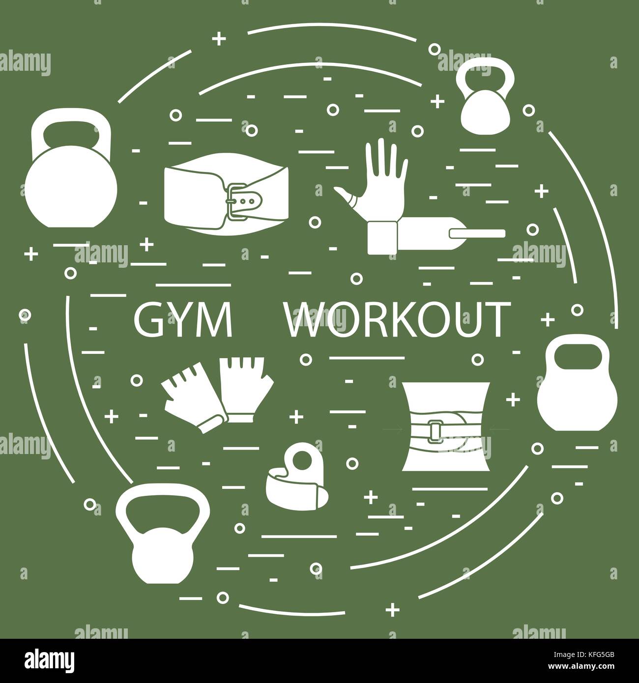 Powerlifting gym workout elements arranged in a circle. Healthy ...