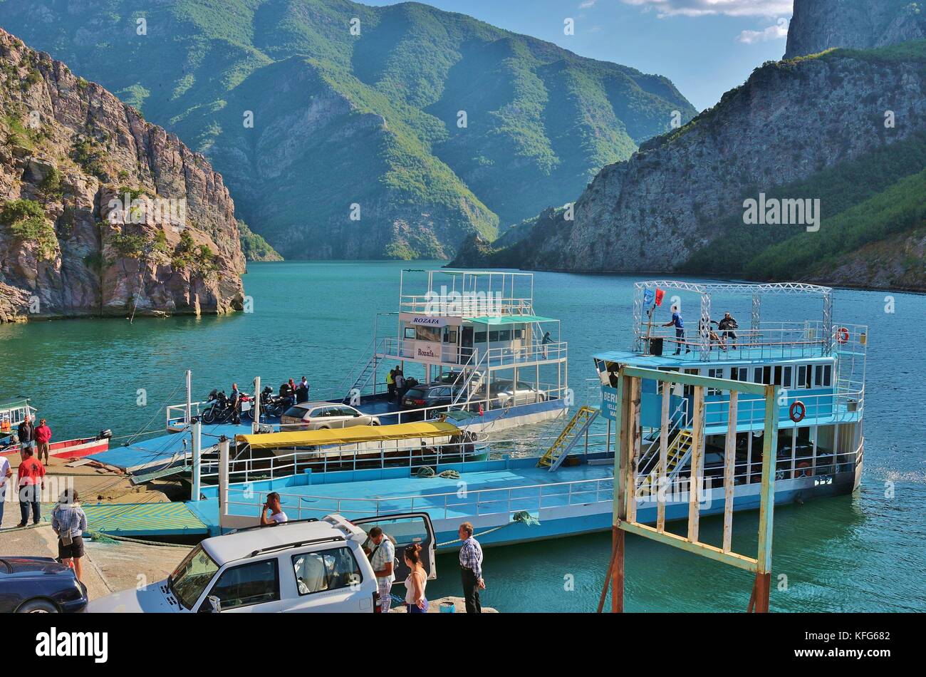 Ferry in Koman, Komani lake, 35 km long. Two times a day in summer it ...
