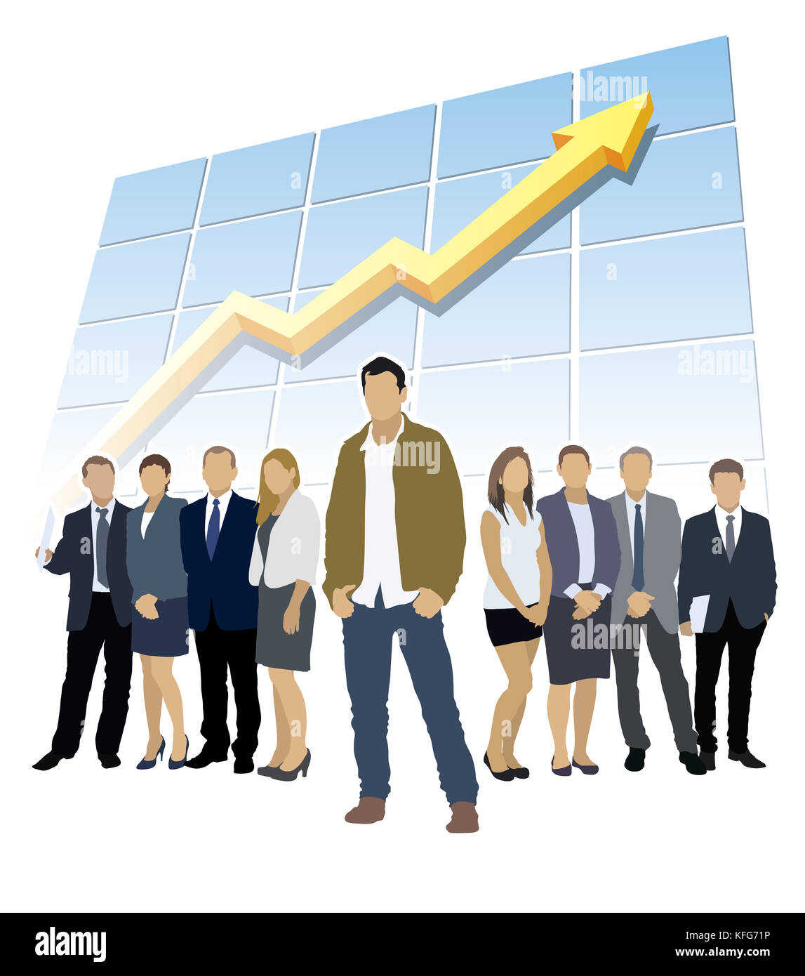 One businessman and a group of people are standing in front of large ...