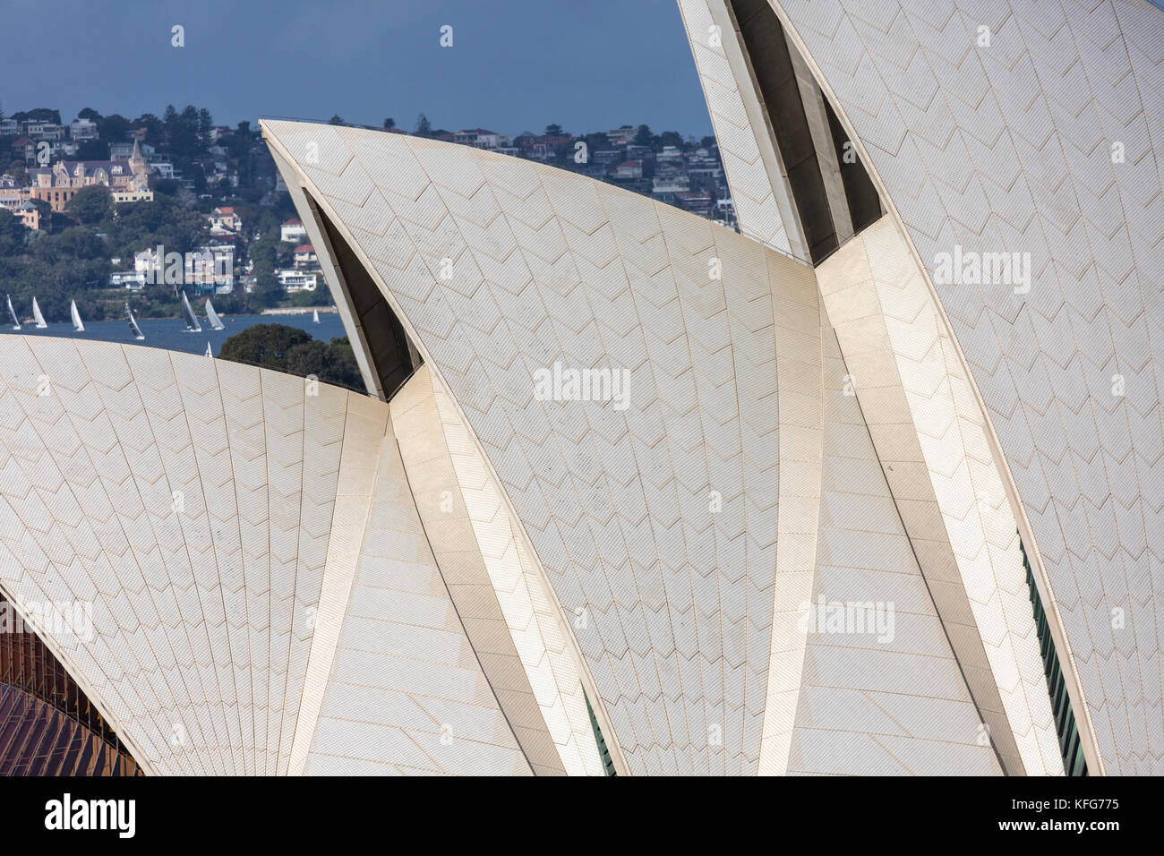 Close up detailed shot of the Sydney opera house and the roof structure ...