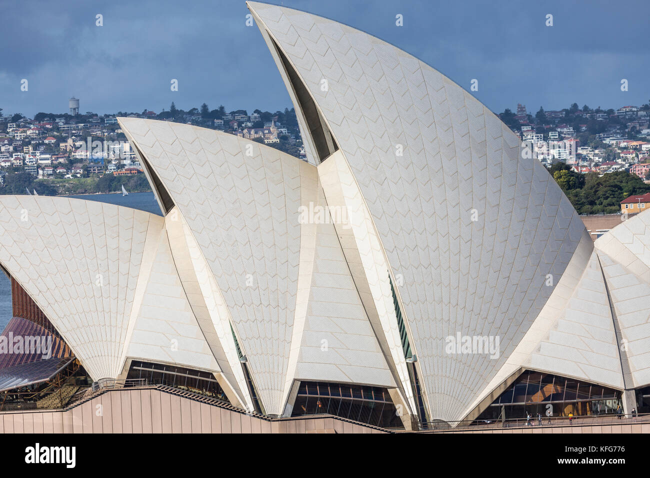 Close up detailed shot of the Sydney opera house and the roof structure ...