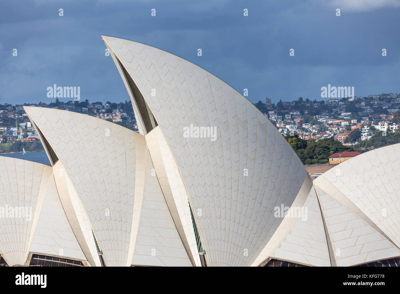 Close up detailed shot of the Sydney opera house and the roof structure ...