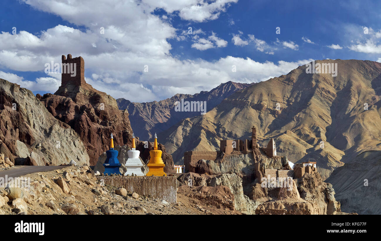 The ruins of ancient Tibetan monastery Basgo Gonpa, burgundy ruins of ...