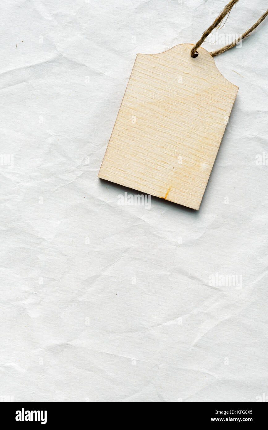 Handmade wooden label on textile background as greeting card Stock ...
