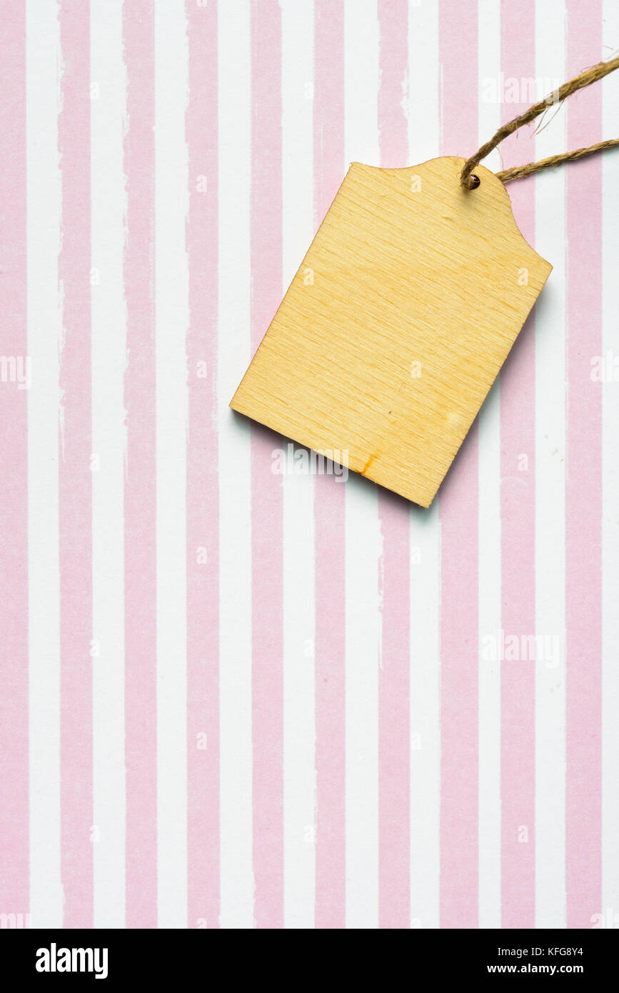 Handmade wooden label on textile background as greeting card Stock ...