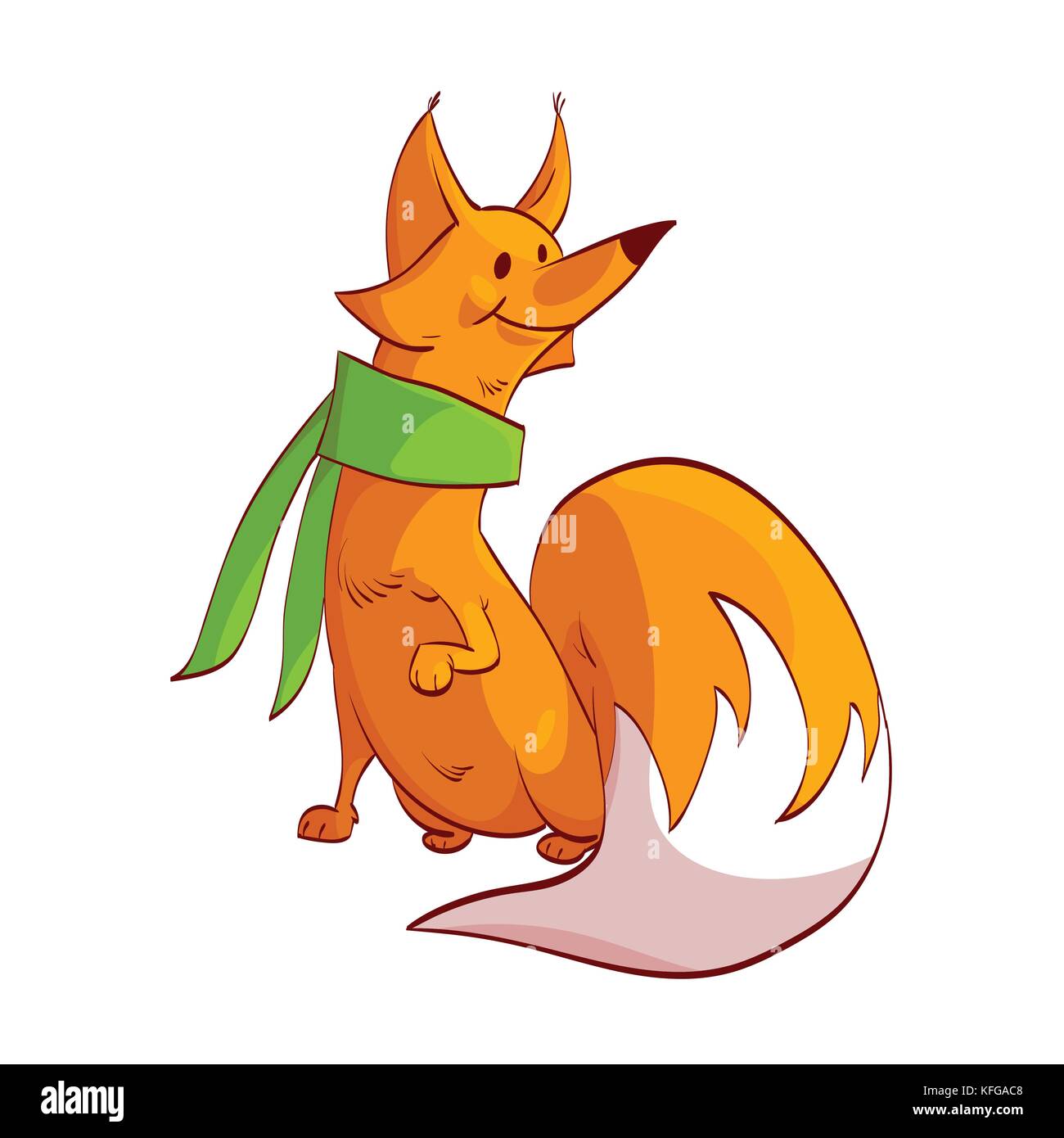 Colorful vector illustration of a cartoon orange fox with a green scarf ...