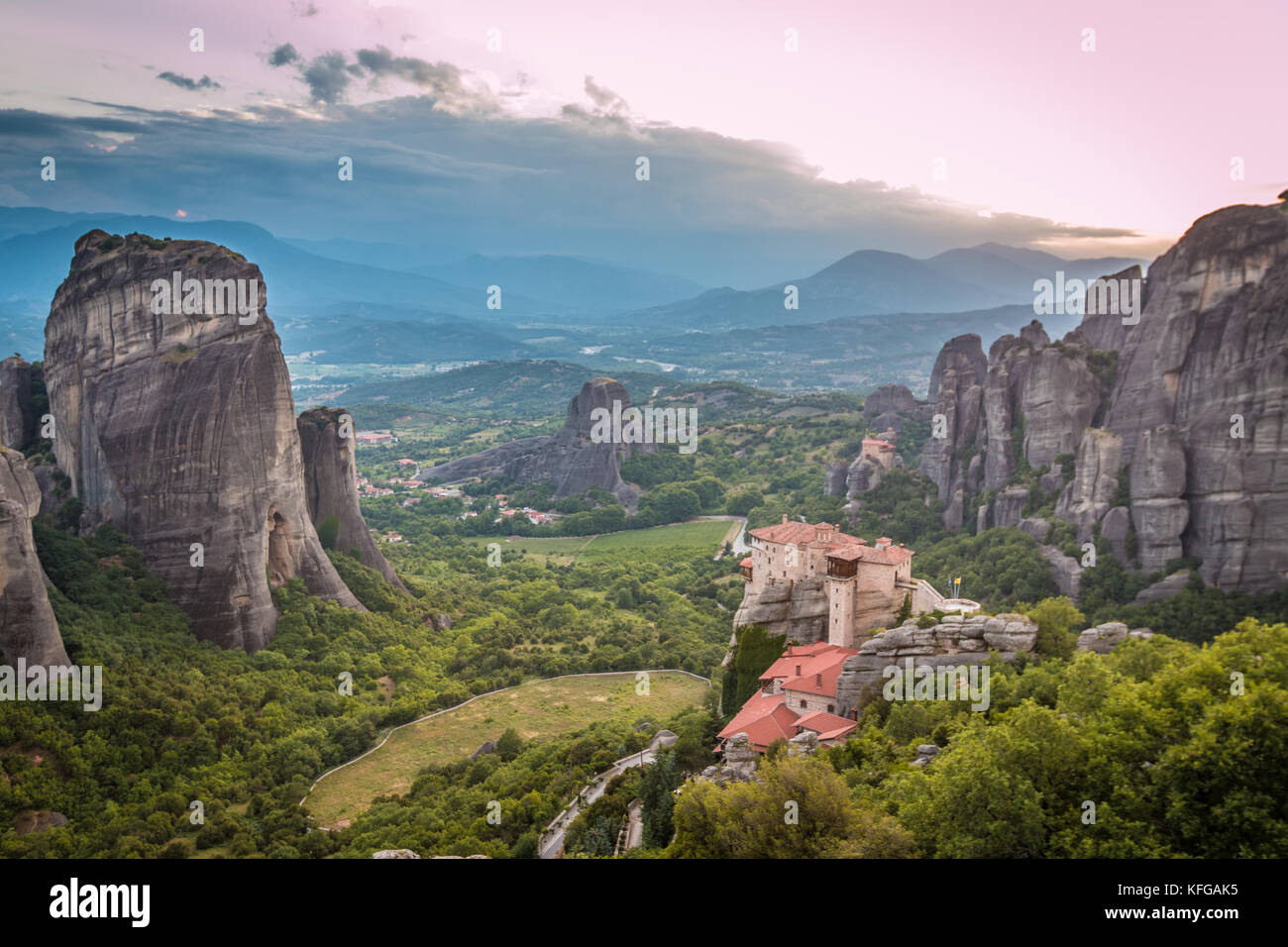 Sunset in Meteora Greece Stock Photo - Alamy