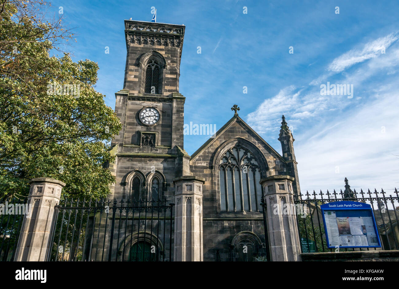 Clock tower of South Leith Parish Church, Church of Scotland, built in ...