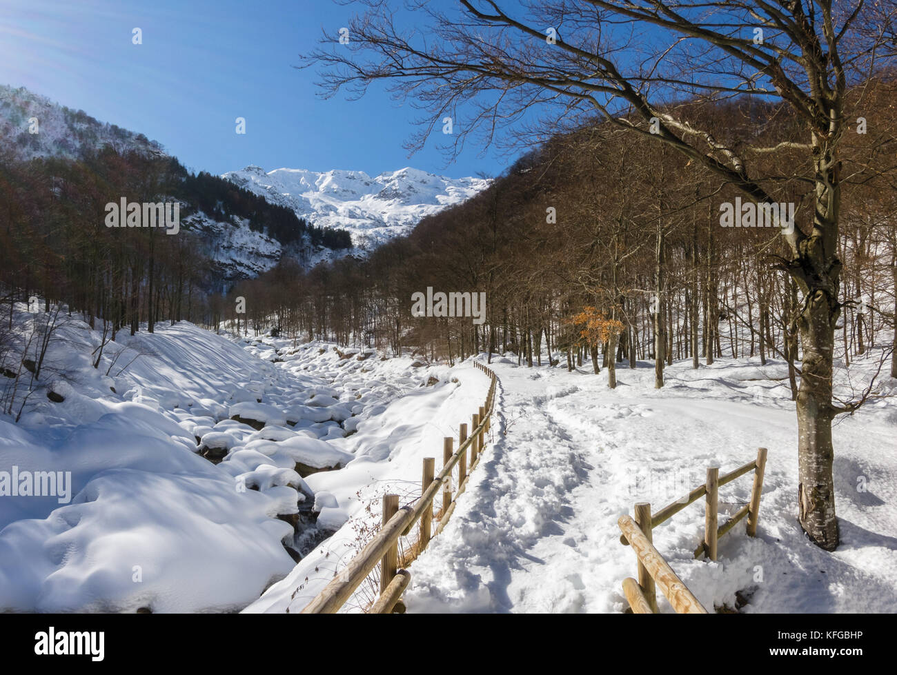 Alpine Trail with fence after a snowfall in the morning, walk way in ...