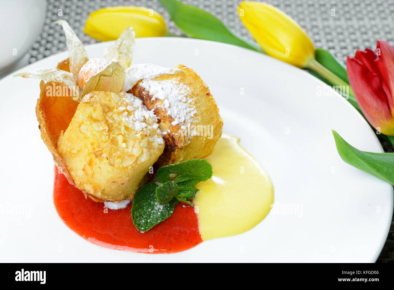 Asian fried ice cream garnished with mint and flowers Stock Photo - Alamy