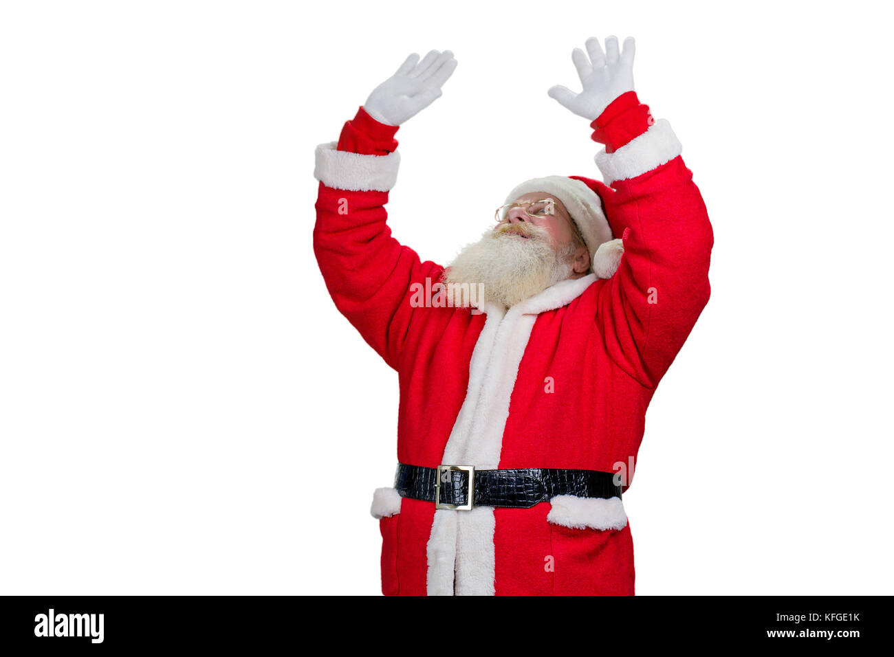Santa Claus with raised hands, white background. Old Santa Claus with ...