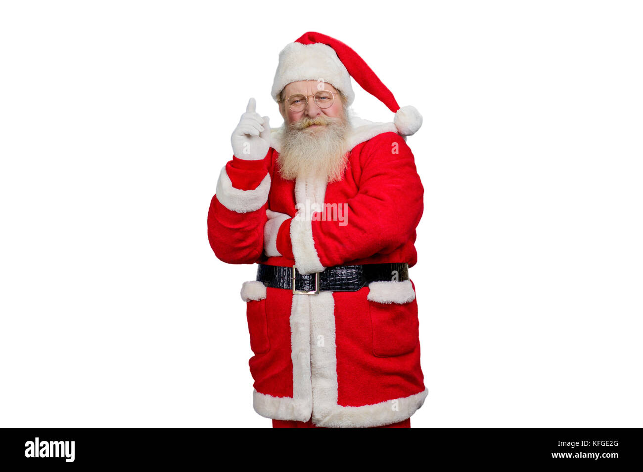 Santa Clause raised index finger. Santa Claus with real beard pointing ...