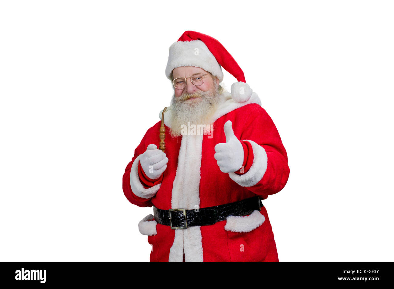 Santa with pipe giving thumb up. Authentic Santa Claus with real beard ...