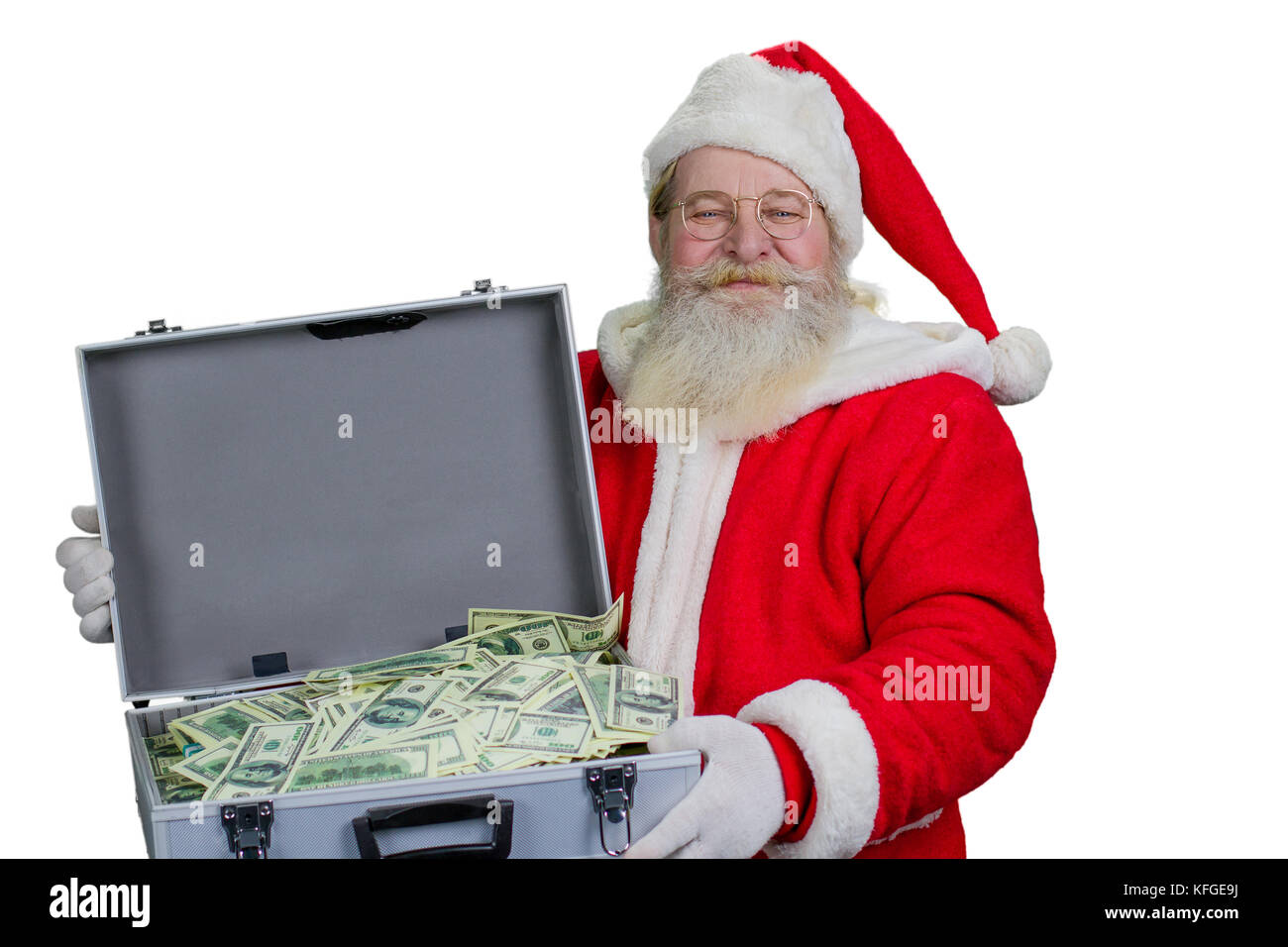Santa Claus holding case with money. Cheerful Santa Claus with open ...