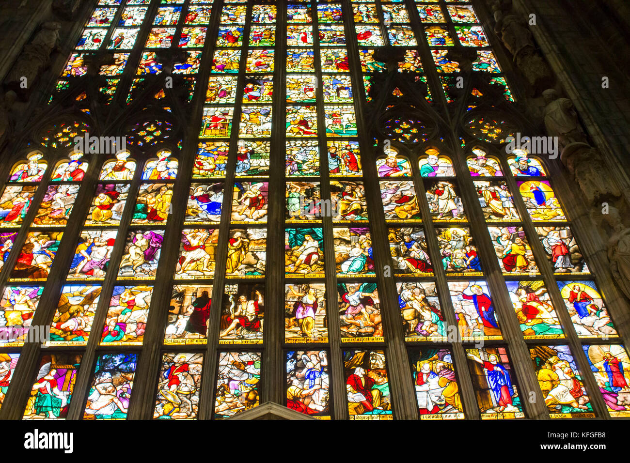 MILAN, ITALY - MAY 11 2015: Giant colorful window of Milano Duomo ...