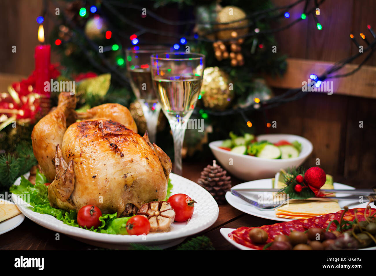Baked turkey or chicken. The Christmas table is served with a turkey ...
