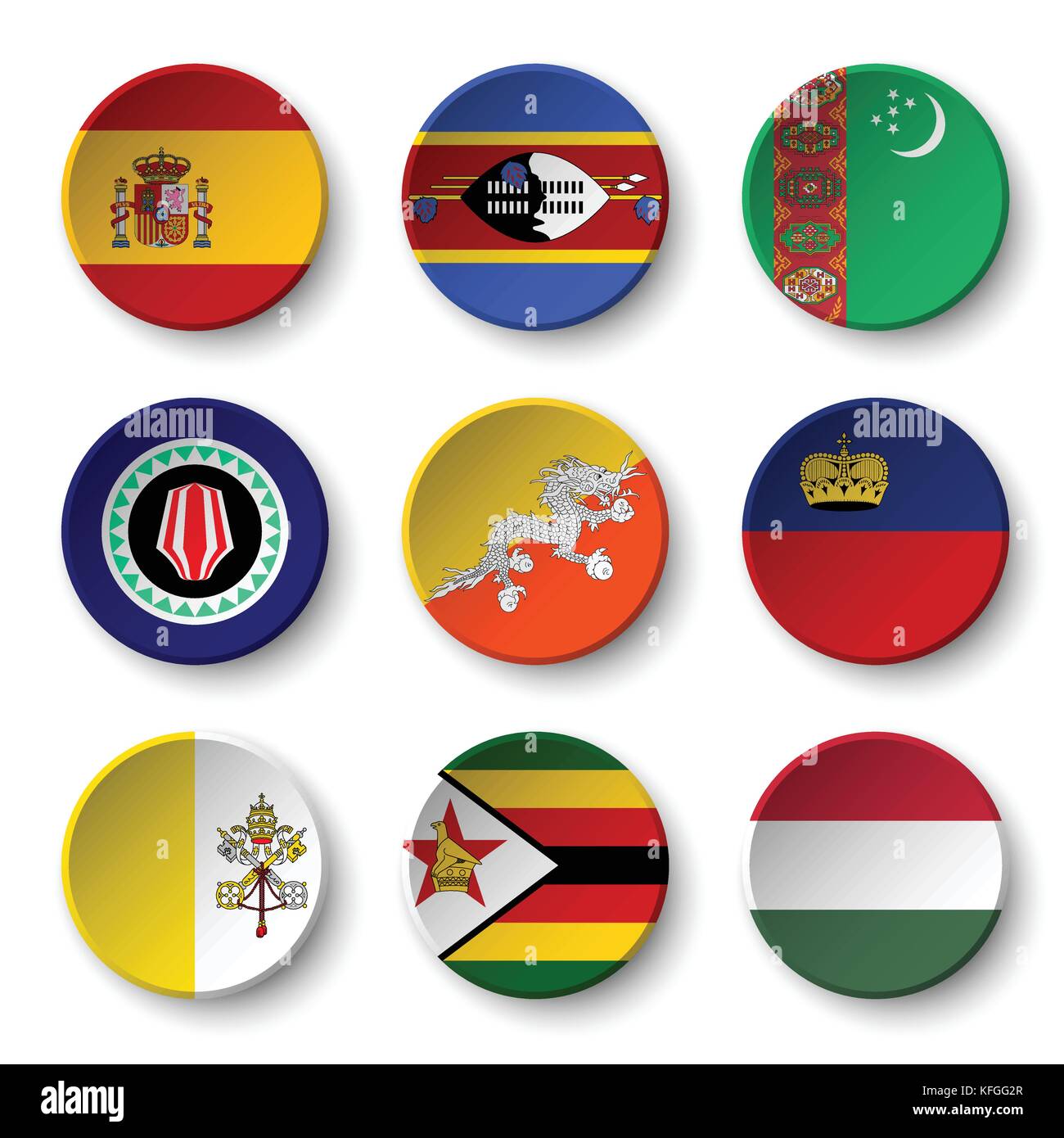 Set of world flags round badges ( Spain . Swaziland . Turkmenistan ...