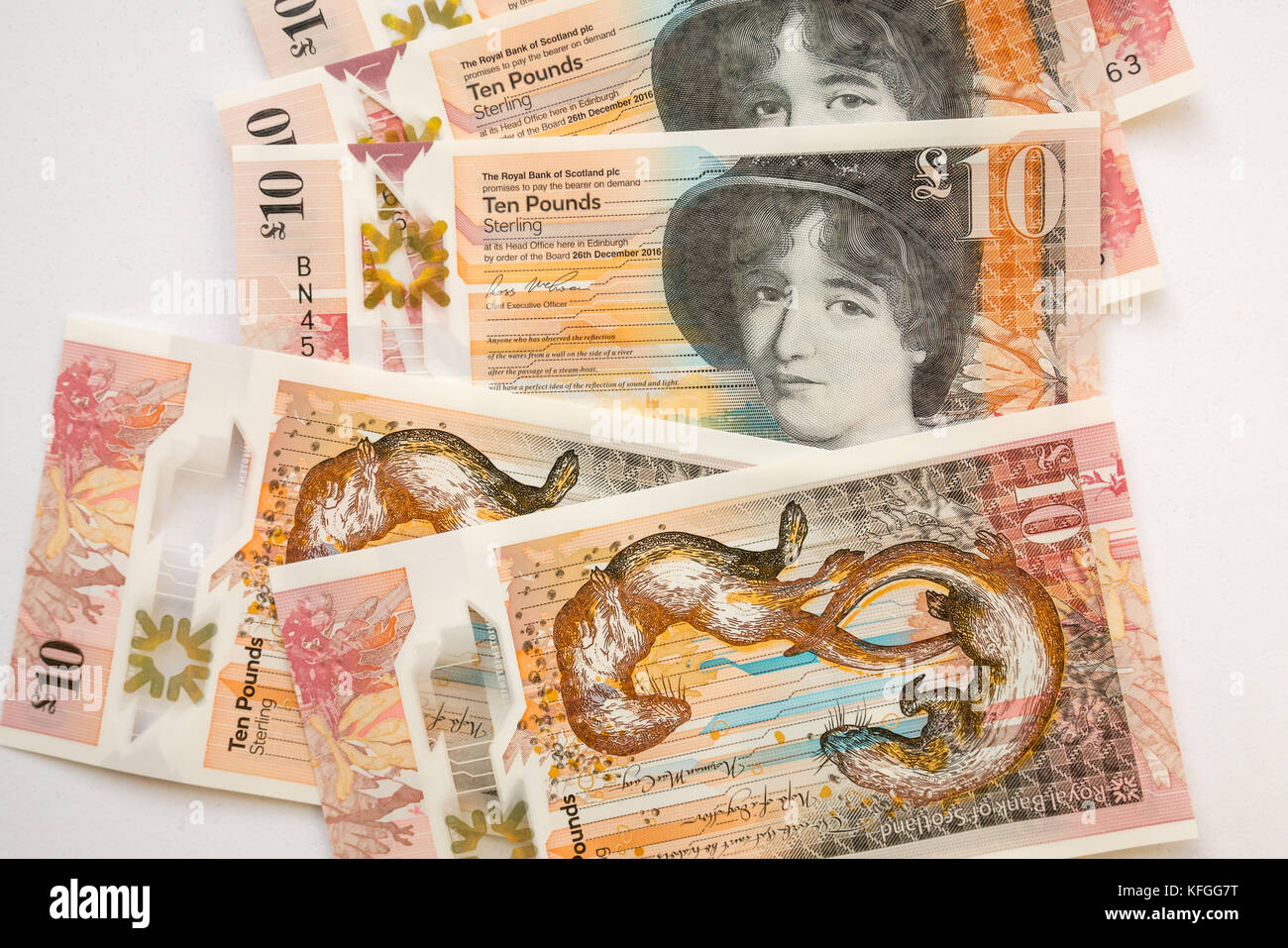 Close up of Royal Bank of Scotland new plastic polymer ten pounds £10 ...