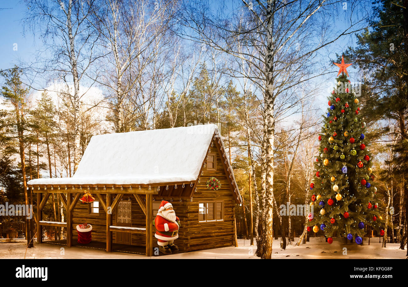 Christmas landscape with Santa Claus next to the house in the woods and ...