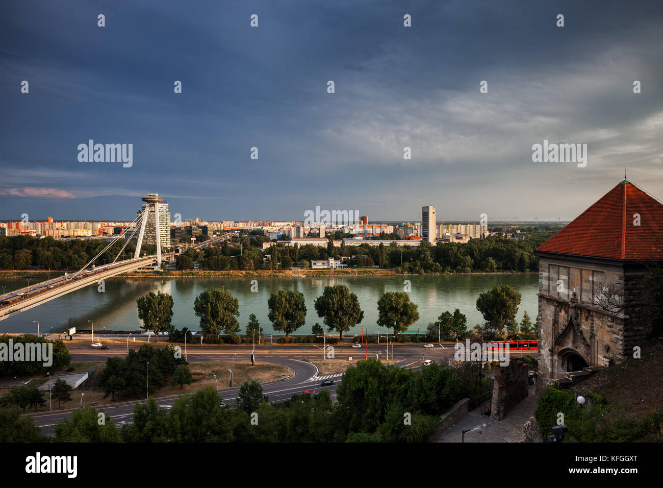 Bratislava capital city skyline in Slovakia with Danube River at sunset ...