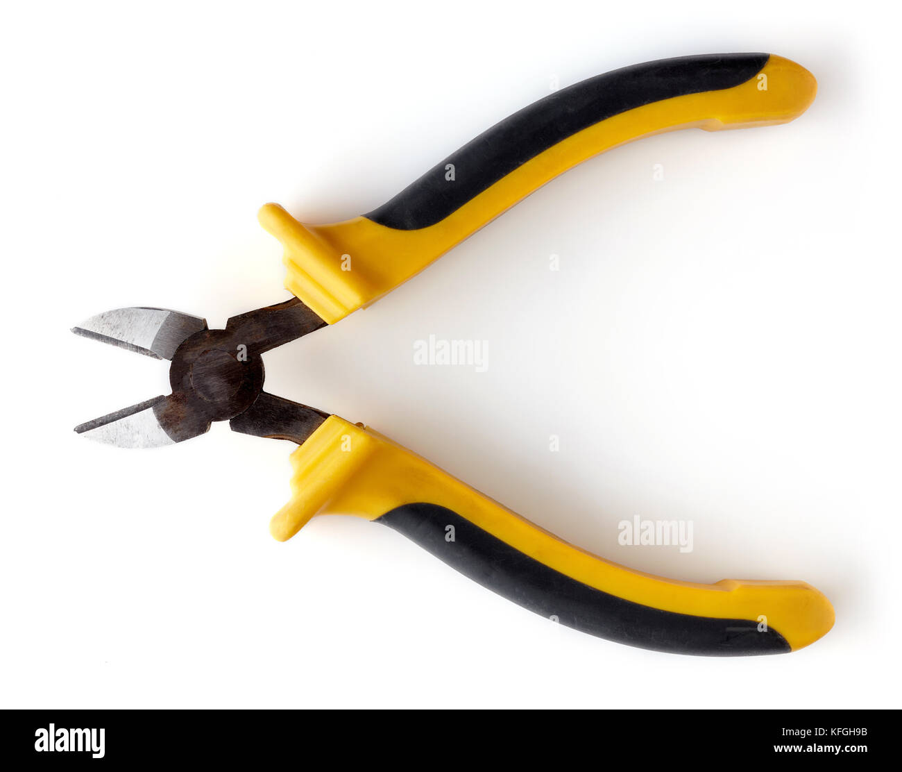Used black and yellow cutting pliers isolated on white background, top ...