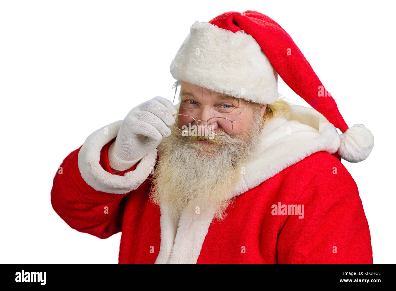 Santa Claus removing his glasses. Portrait of cheerful Santa Claus ...