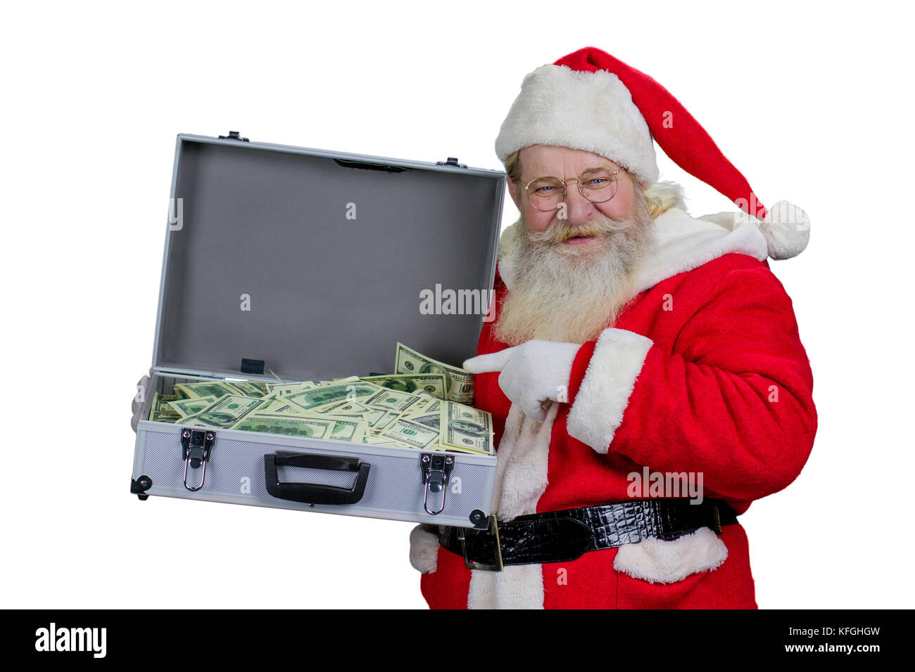 Santa Claus with full case of money. Portrait of happy Santa Claus ...