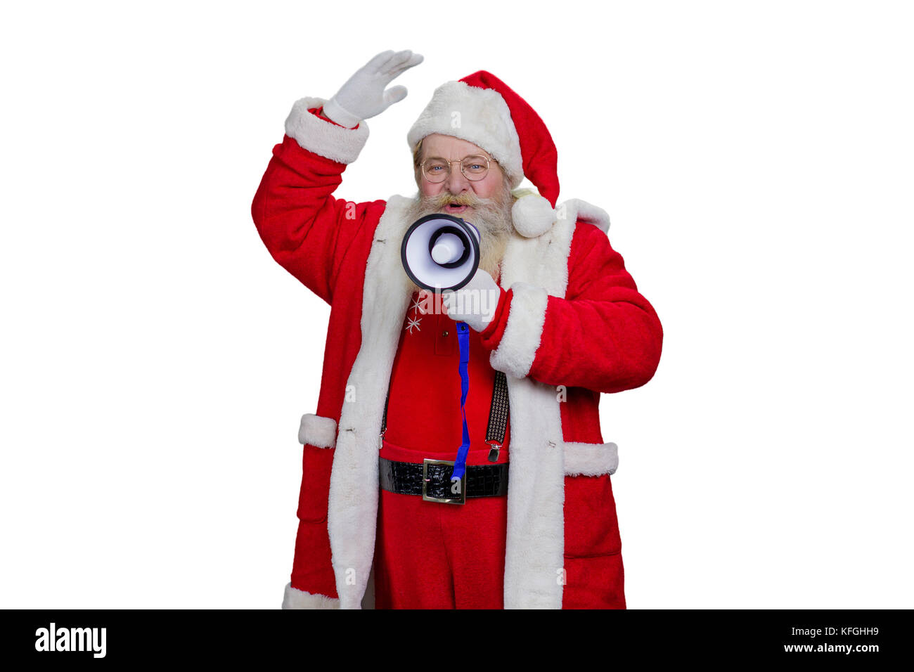 Santa Claus speaking using megaphone. Portrait of Santa Claus in eye ...