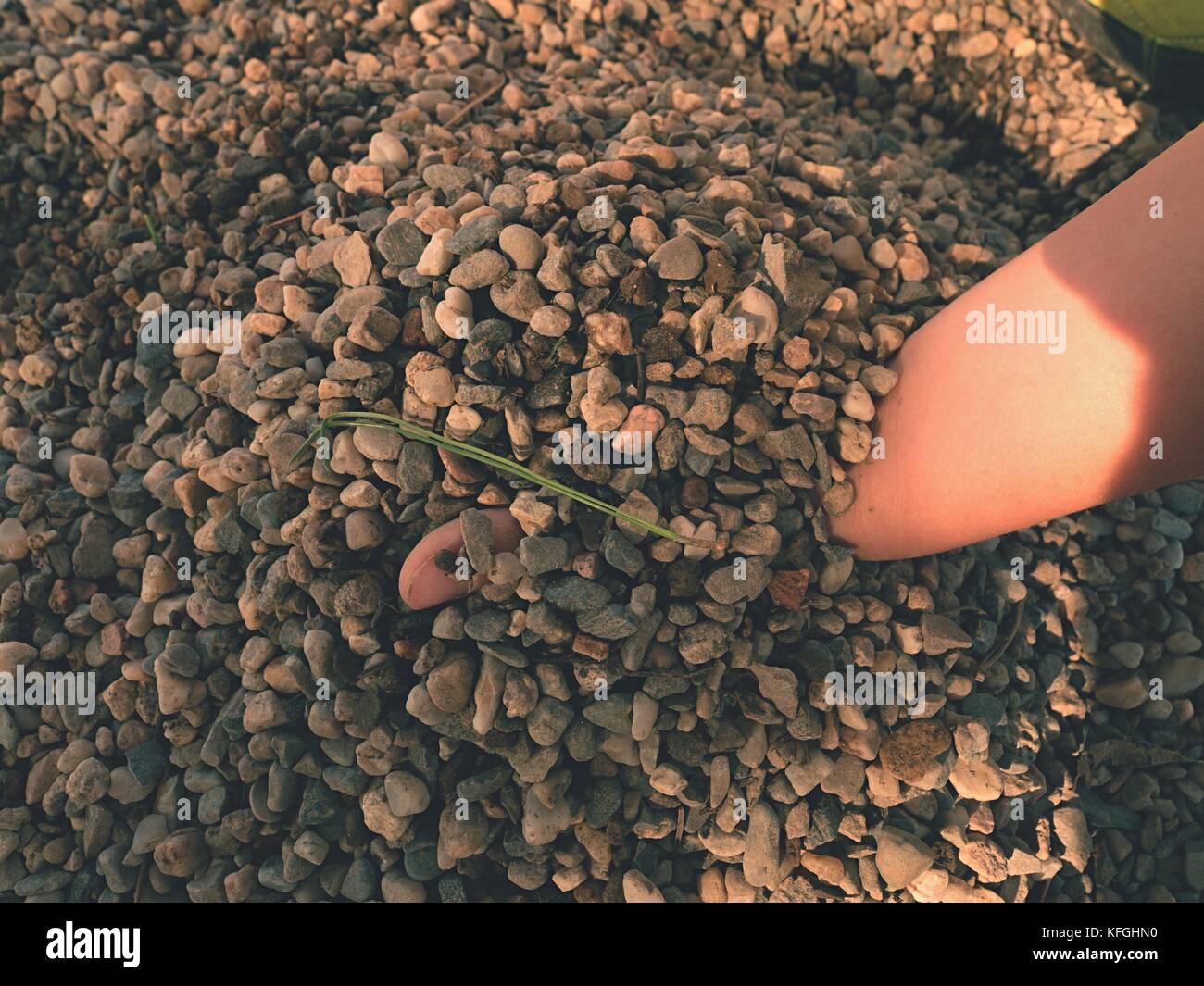 Boy hand hidden under sandy surface. Detail view to small stones ground ...