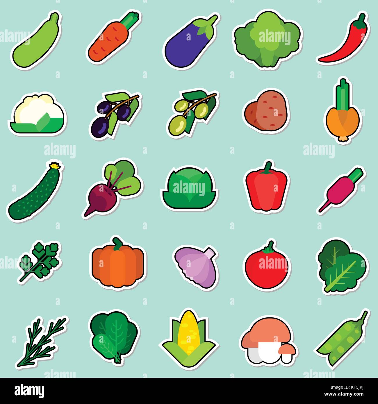 Set Of Vegetables Sticker On Blue Background Colorful Icons Collection ...
