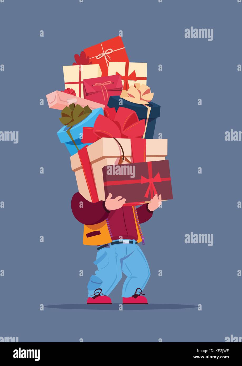 Man Holding Gift Boxes Stack On Gray Background Holiday Presents ...