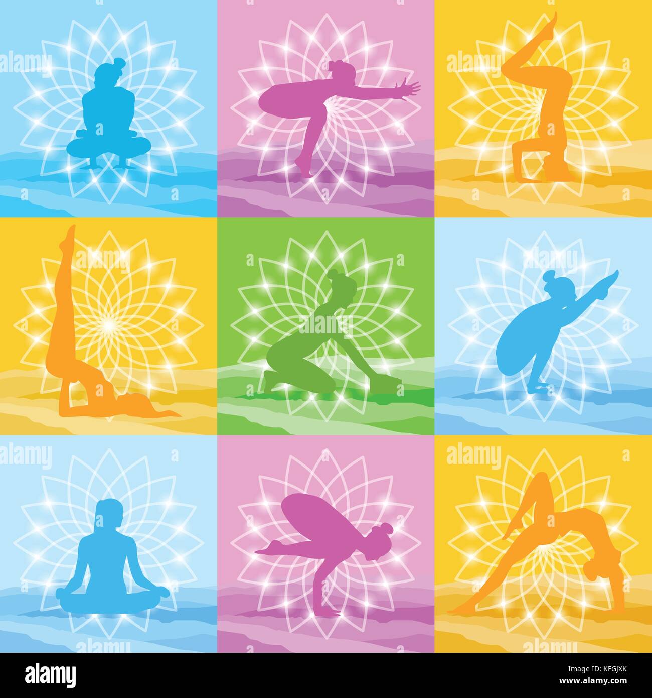 Yoga Poses Set Woman Silhouette Over Beautiful Lotus Icon Colorful ...
