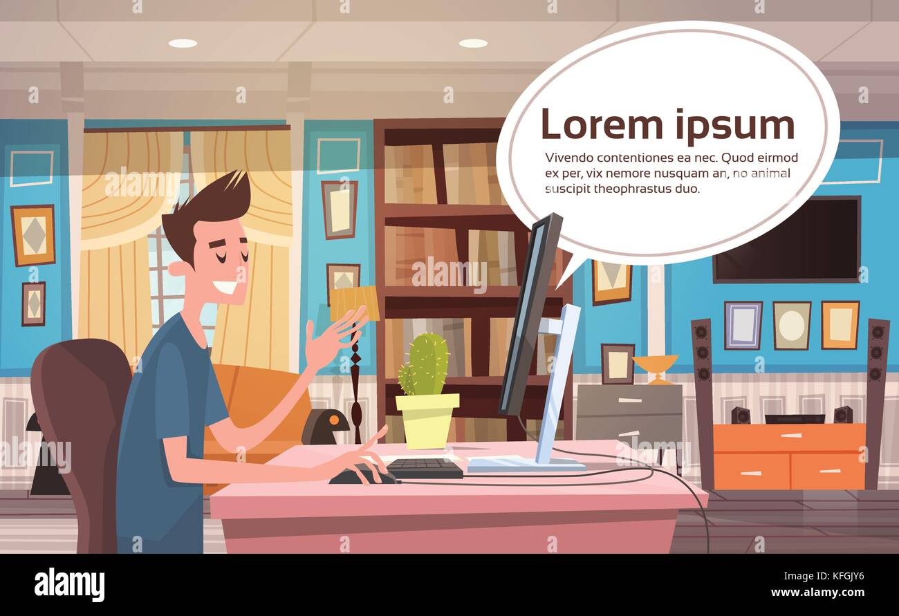 Young Man Working At Computer At Home Banner With Chat Bubble Copy ...