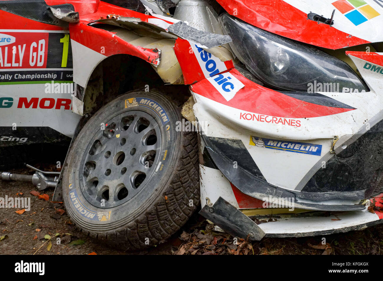 UK. 28th Oct, 2017. The wrecked Toyota Yaris WRC rally car of #11 Juho ...