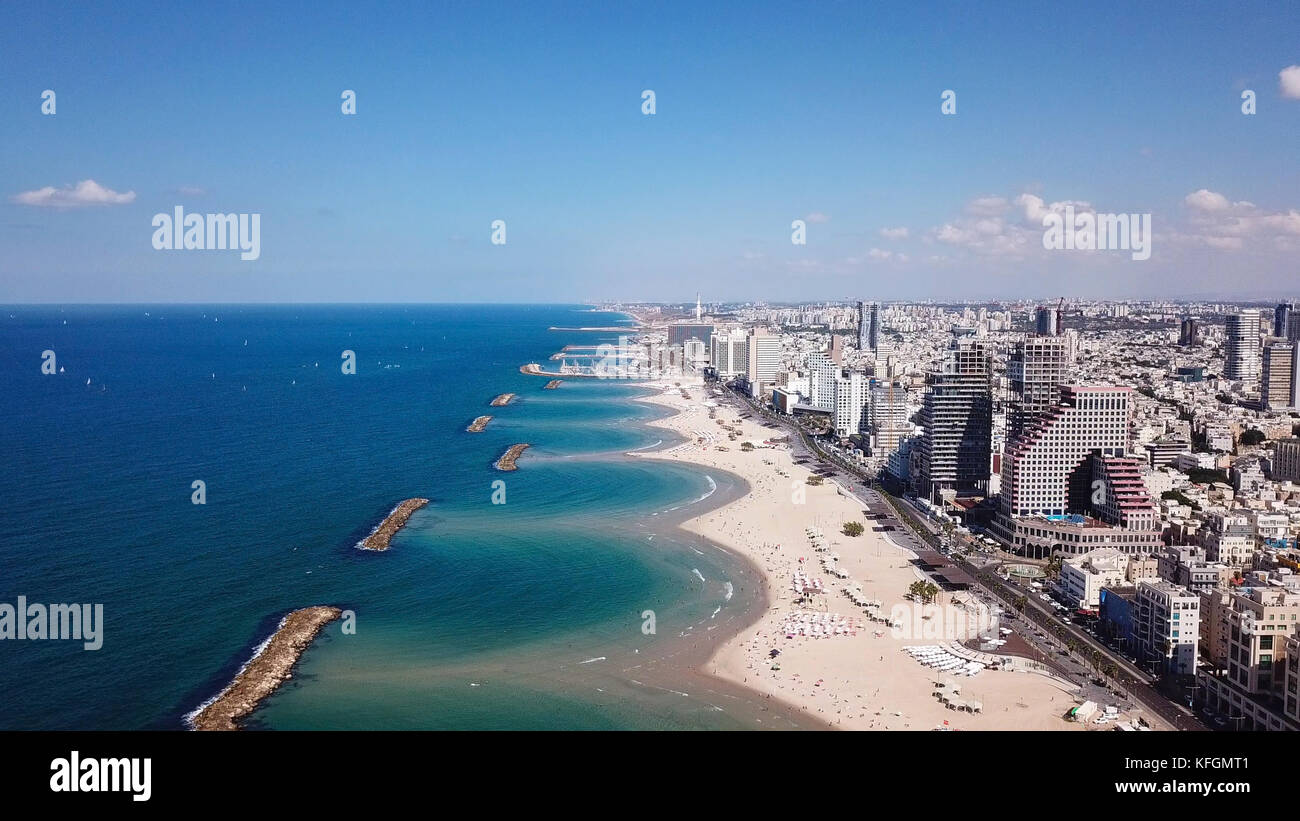 Tel Aviv coastline and skyline as seen from The Mediterranean sea Stock ...