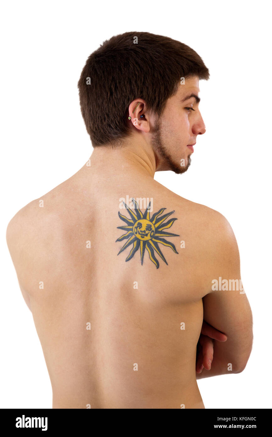 Young man with a stylized sun on his back Stock Photo - Alamy