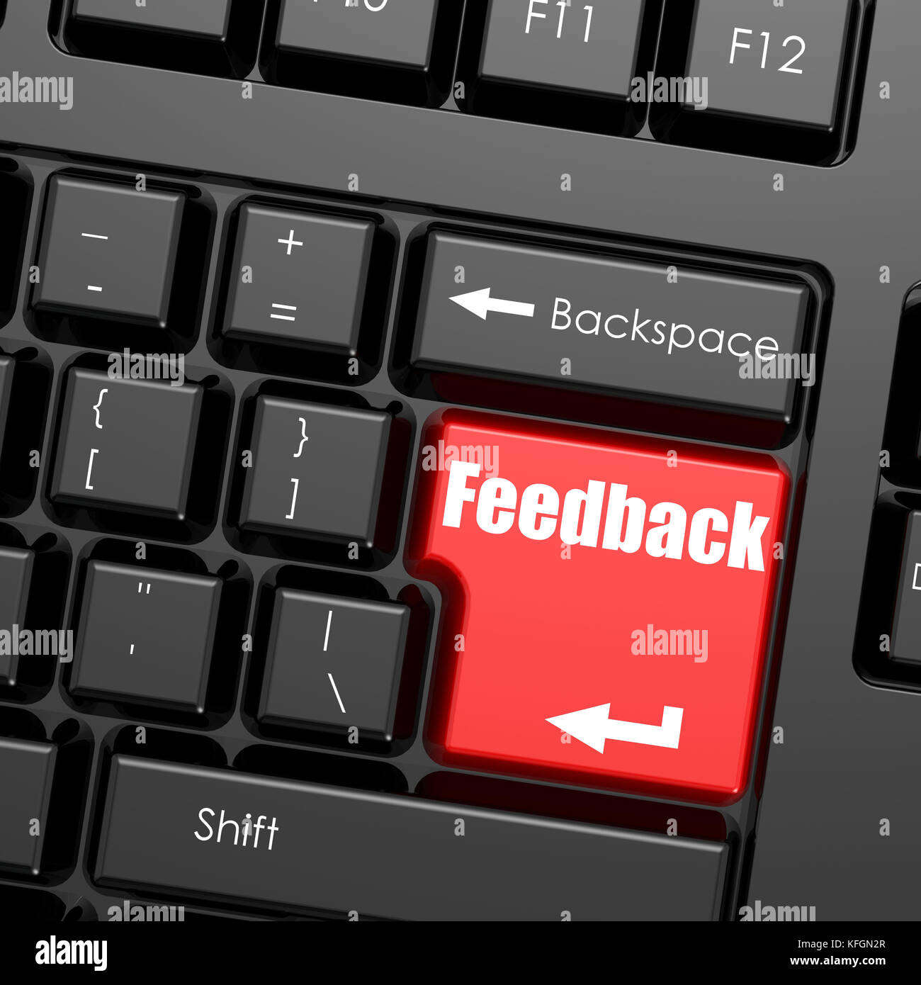 Red enter button on computer keyboard, feedback word. 3D rendering ...