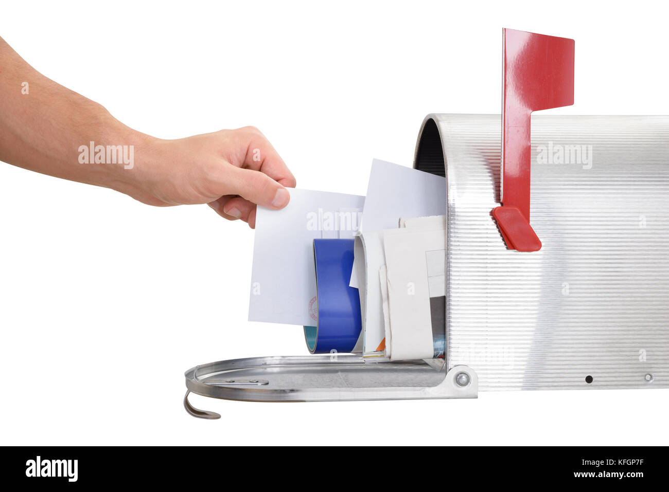 Close-up Of Person's Hand Taking Letter From Mailbox Against White ...