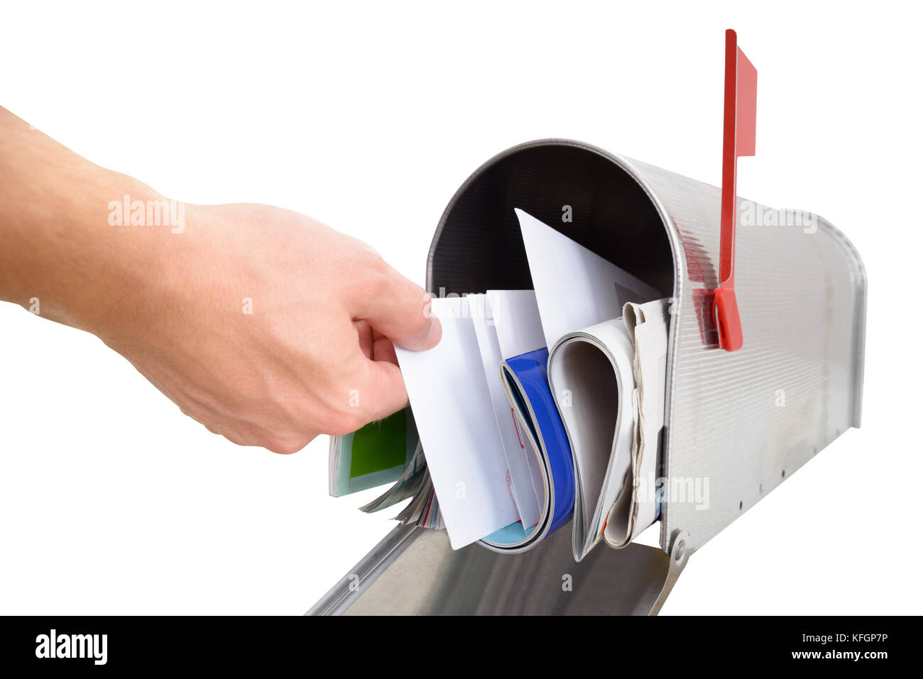 Close-up Of Person's Hand Taking Letter From Mailbox Against White ...