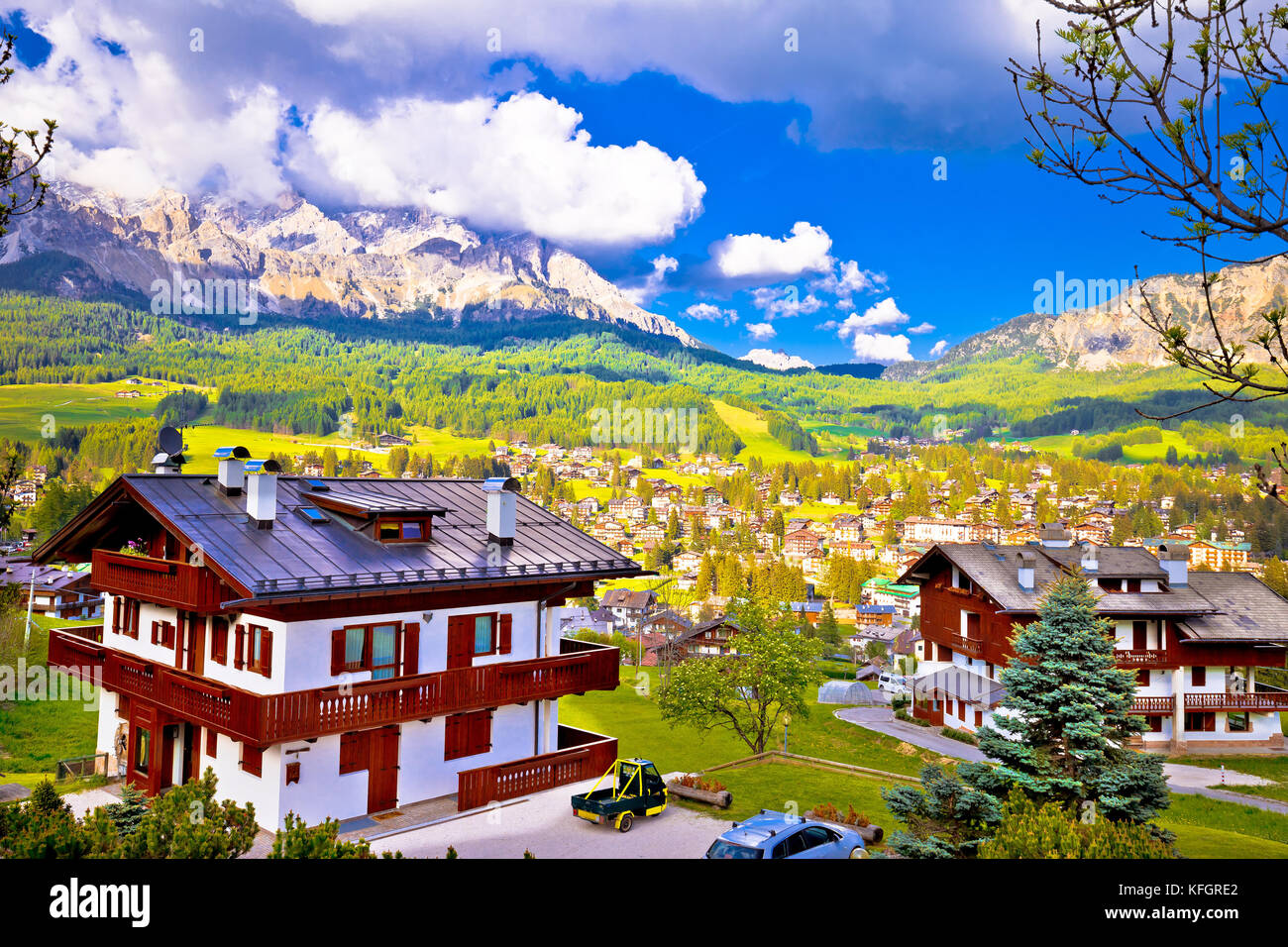 Alpine town of Cortina d' Ampezzo in Dolomites Alps view, Veneto region ...