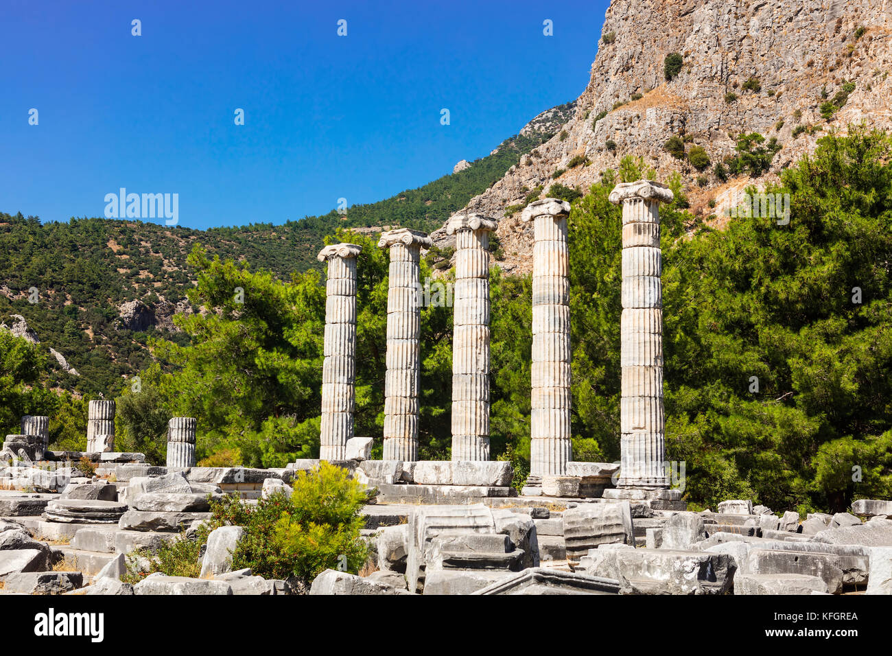 Ruins of the Athena Temple in ancient city of Priene destroyed by an ...